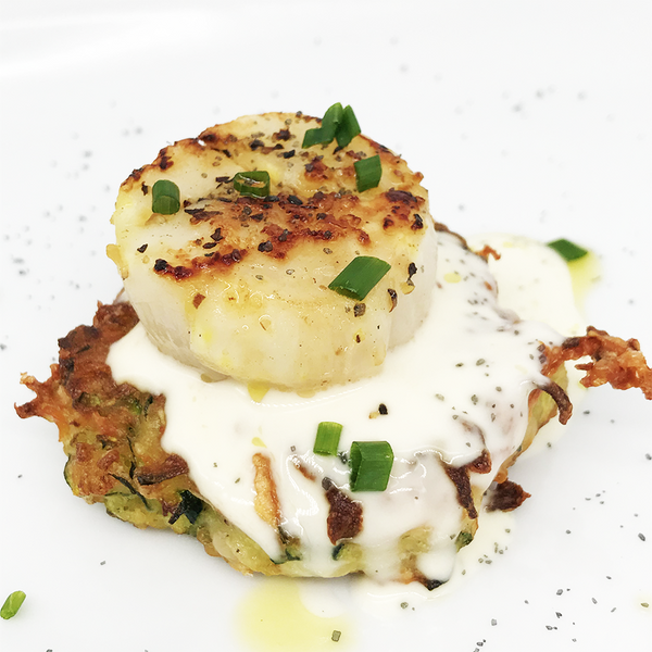 Lemon Seared Scallops over Zucchini Fritters - INFUSED Oils & Vinegars